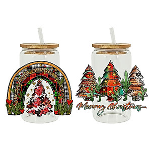 AUOCATTAIL Christmas 3D UV DTF Transfer Stickers, 6 Sheet Christmas Tree Xmas Wreath Merry Christmas Cup Wrap Transfer Stickers Waterproof Rub on Transfers for Crafting