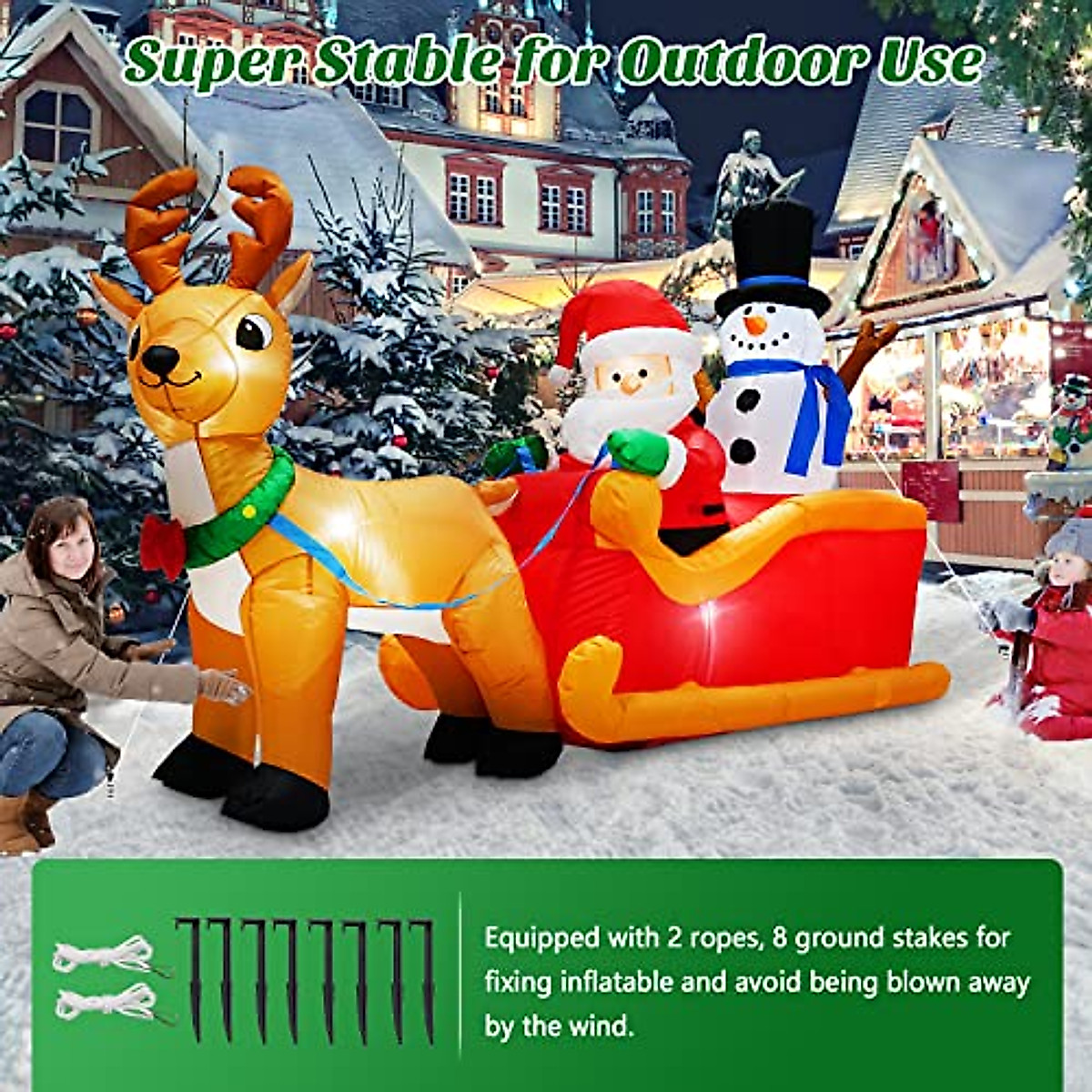6.6FT Long Christmas Inflatables Santa Claus on Sleigh with Snowman and Reindeer Outdoor Decorations, Giant Blow Up Yard Décor Build in LEDs & Tethers Stakes for Holiday Xmas Indoor Patio Lawn