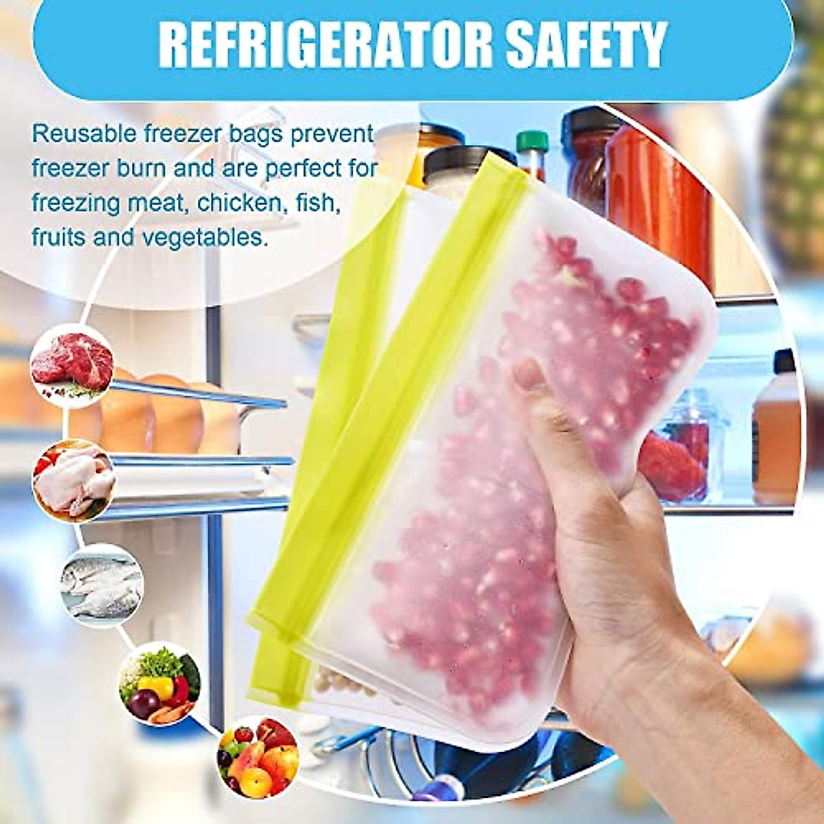 Reusable Food Storage Bags- 10 Pack Leakproof Reusable Freezer Bags (3 Reusable Gallon Bags +4 Reusable Sandwich Bags + 3 Reusable Snack Bags)，Silicone Food Bags for Meat Fruits and Vegetables.