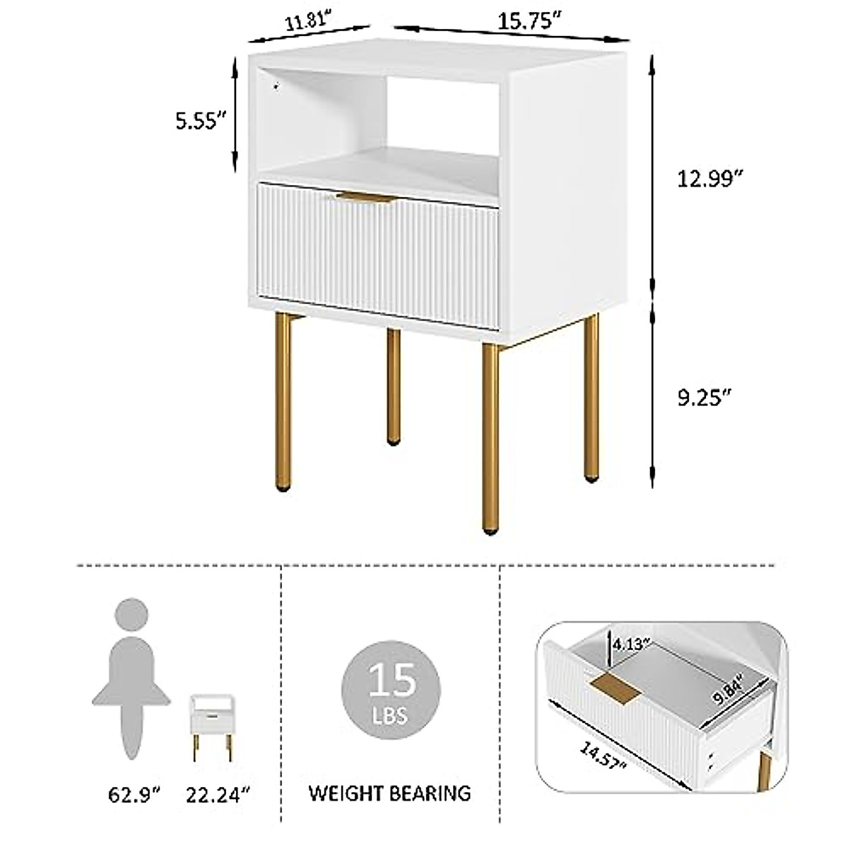 AEPOALUA Nightstand,Small Bedside Table with Gold Frame,White Night Stand,Bedside Furniture,Side Table with Drawer and Shelf for Bedroom,Living Room