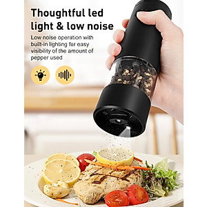 Electric Pepper Grinder or Salt Mill, Battery Powered Automatic Pepper Mill, Ceramic Grinder with Adjustable Coarseness, LED Light, and Salt Mill Refillable, One Hand Operation
