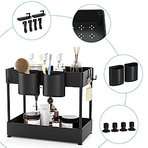 EKNITEY Under Sink Organizer Storage - 2 Tier Under Kitchen Bathroom Cabinet Storage Rack with 6 Hooks and 2 Baskets Multi-purpose Small Organizer Shelves for Bathroom Kitchen Office Black