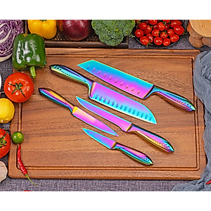 WELLSTAR Rainbow Knife Set 5 Piece, Razor Sharp German Stainless Steel Blade with Iridescent Titanium Coated, Kiritsuke Santoku Boning Utility Paring for Kitchen Cutting Dicing Filleting and Peeling