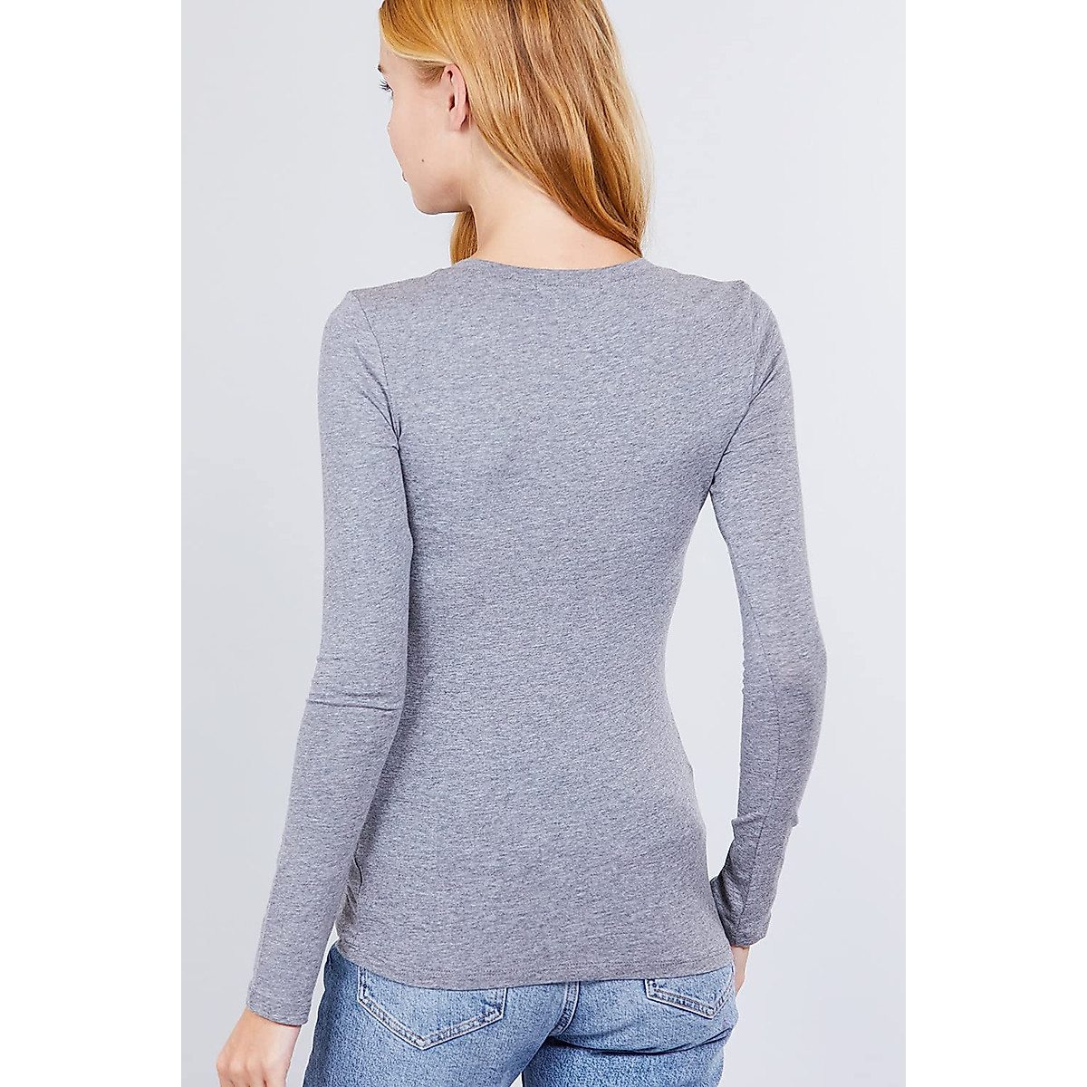 JYB CO Womens Basic Active Slim Fit Crew Neck Long Sleeve Top T-Shirt in Heather Grey - L