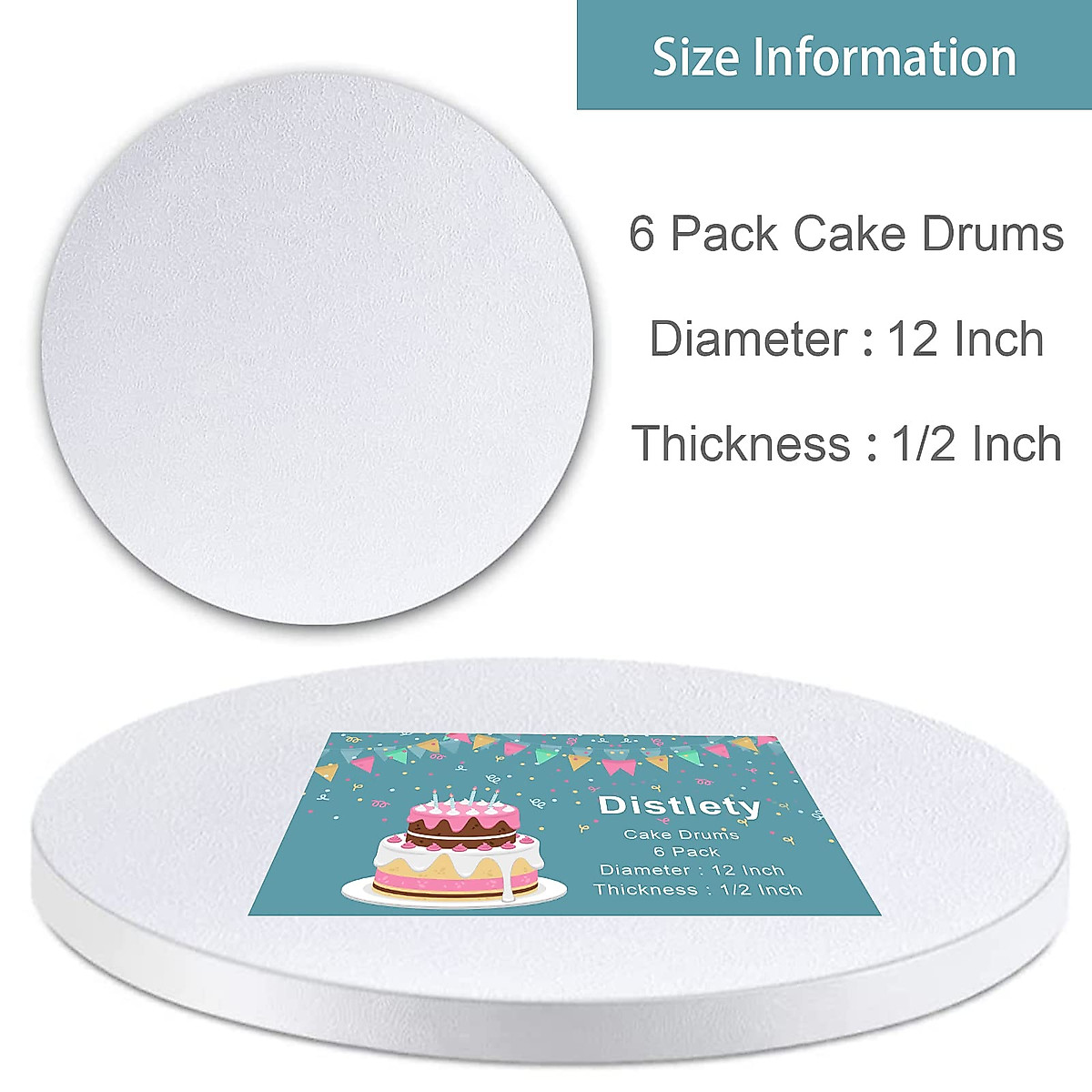 Distlety Cake Boards Drum Round 6 Pack, 1/2" Thick 12 inch Cake Drum, Cake Decorating Supplies White Smooth Edge for Multi-tier Birthday Wedding Party Cake drum board