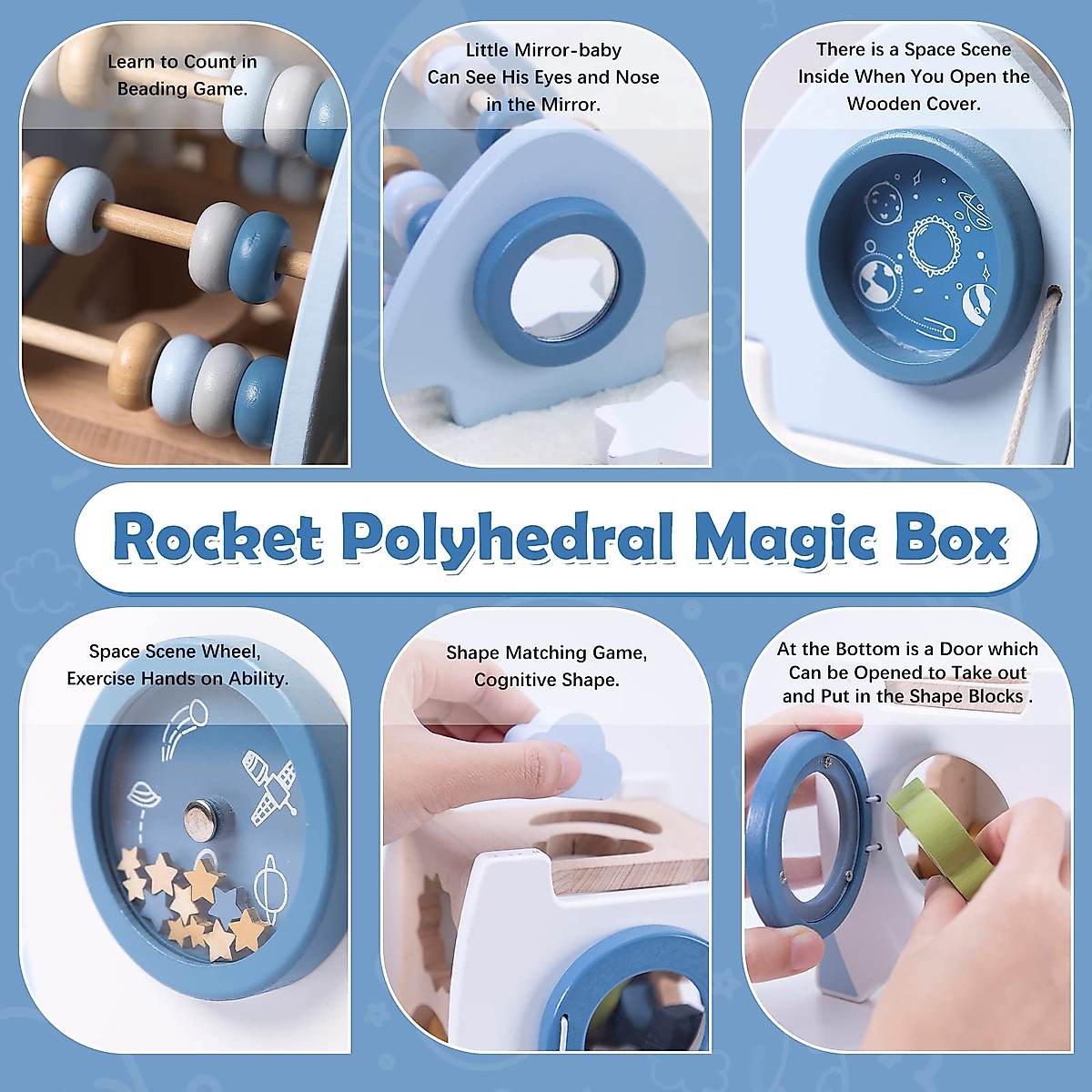 Smartwo Wooden Space Toy for Baby 1 Year Old, Montessori Toy for Babies 12-18 Months, Toddler Rocket Toy Age 1-3, Sensory Activity Cube Learning Toy, 1st Birthday Gift for Boys and Girls