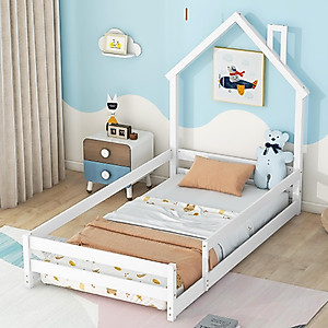 Floor Bed with Rails, Twin Size Montessori Bed with House Shape Headboard and Fence, Wood Floor Bed Frame for Kids Boys Girls, Box Spring Needed, White