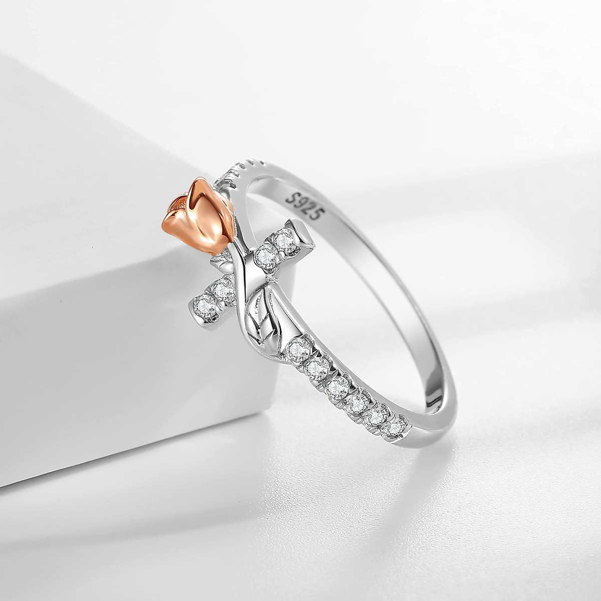 SOLOLIKE Sterling Silver Christian Purity Rings for Women: Cross Rose Rings Size 5-10 Stackable Engagement Ring Inspirational Bands Rings - Fashion Jewelry Gifts for Her