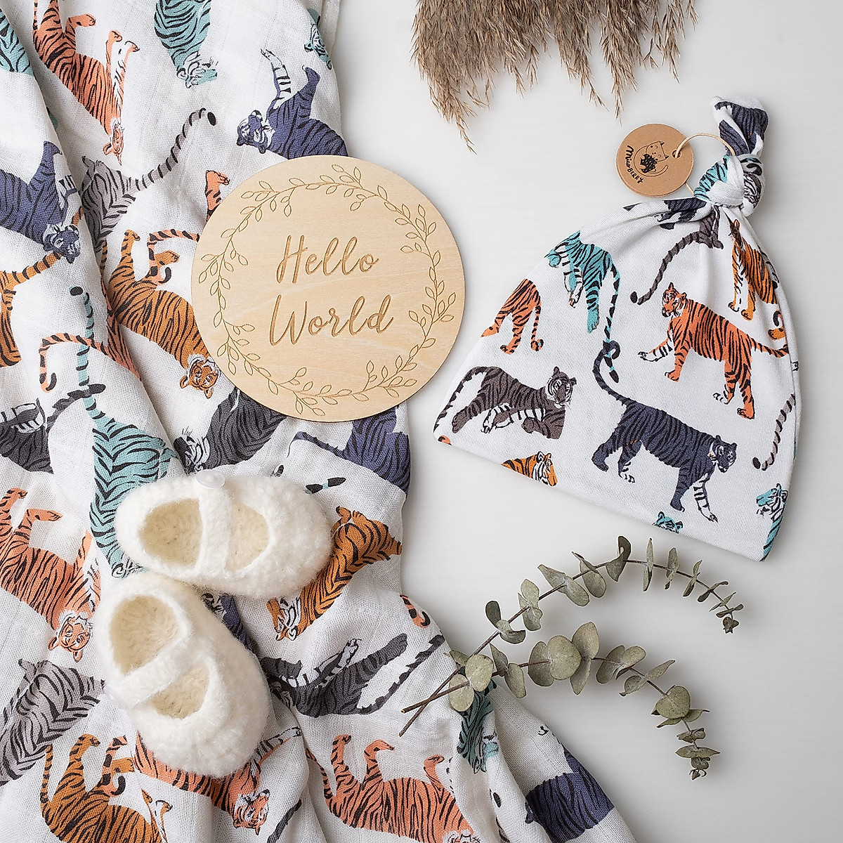 Miaoberry 100% Organic Cotton Baby Muslin Swaddle Blanket Set|Cream Tiger| Gender Neutral for Boys Girls|Yellow Mustard Orange Sun Rays| Hospital Newborn Receiving Blanket |Newborn Unisex