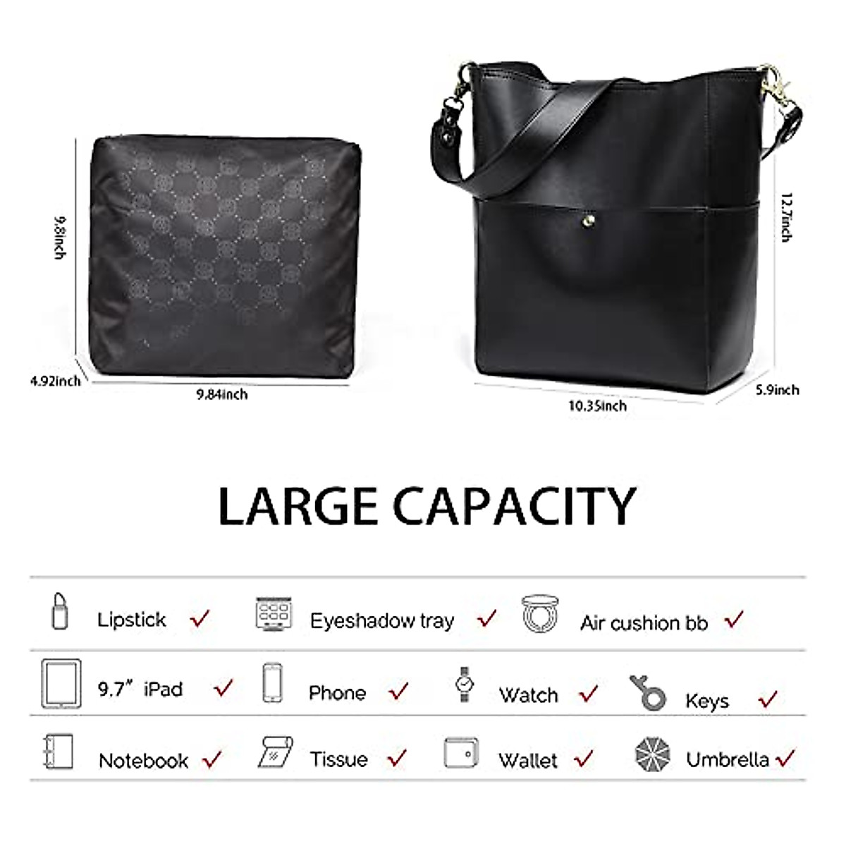 Seammer Genuine Leather Bucket Handbags for Women Large Designer Hobo Shoulder Handbag Purse Black