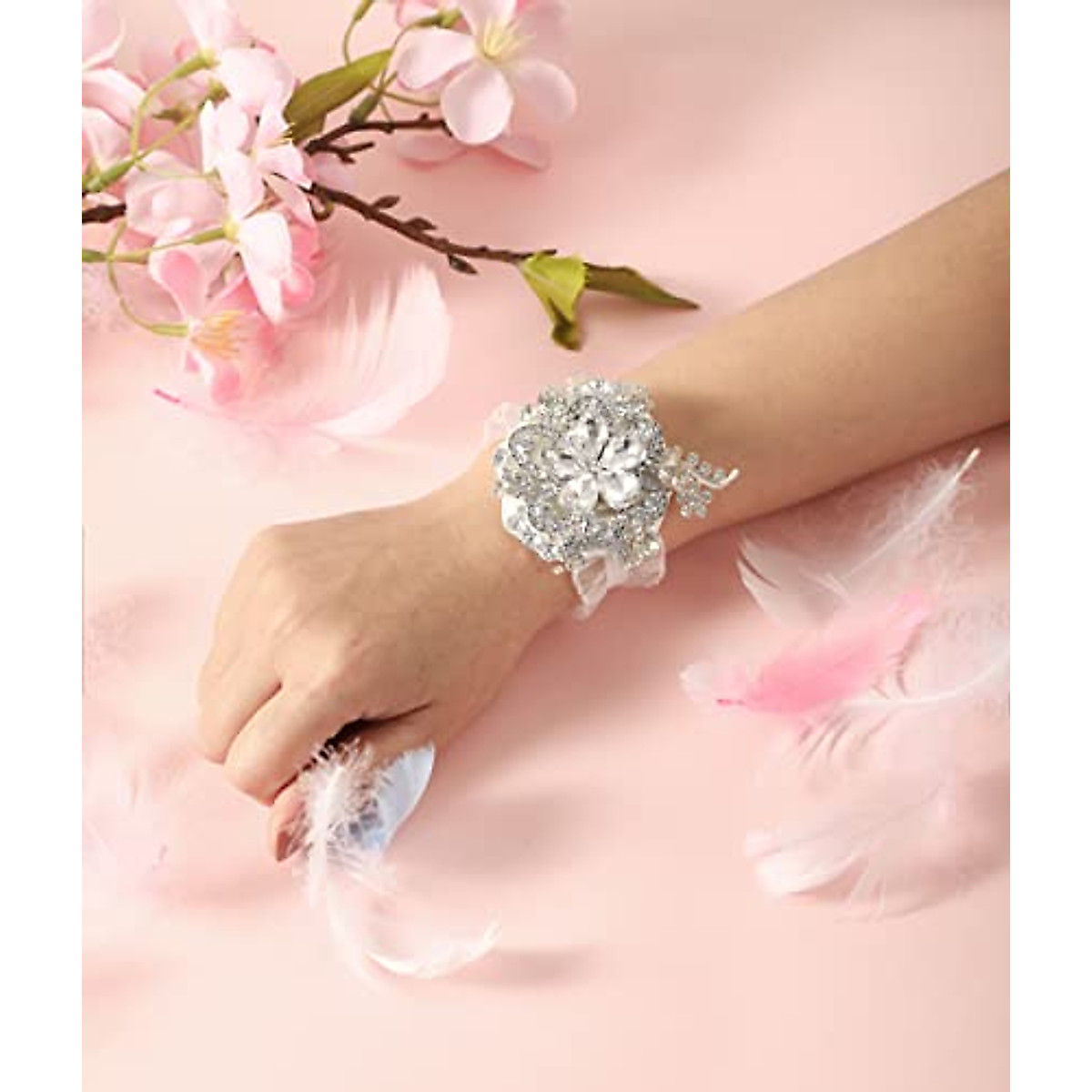 2 Pack Corsage Wristlet Luxury Dazzle Crystal Diamond Boutonniere Set Wrist*1 for bride and Corsage*1 for groom on Wedding Party