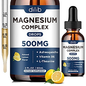 Magnesium Glycinate Liquid Drops, Triple Magnesium Complex Supplement with Citrate, Malate 500mg Ashwagandha, L-Theanine, Vitamin B6 for Sleep, Calm, Stress Relief, Bone, Muscle, Mood - Lemon Flavor