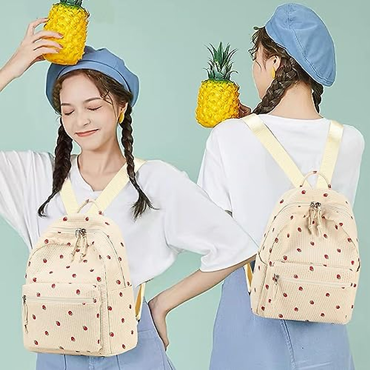 Bluboon Girls Mini Backpack Womens Small Backpack Purse Teens Cute Casual School Bookbag(Corduroy Strawberry)