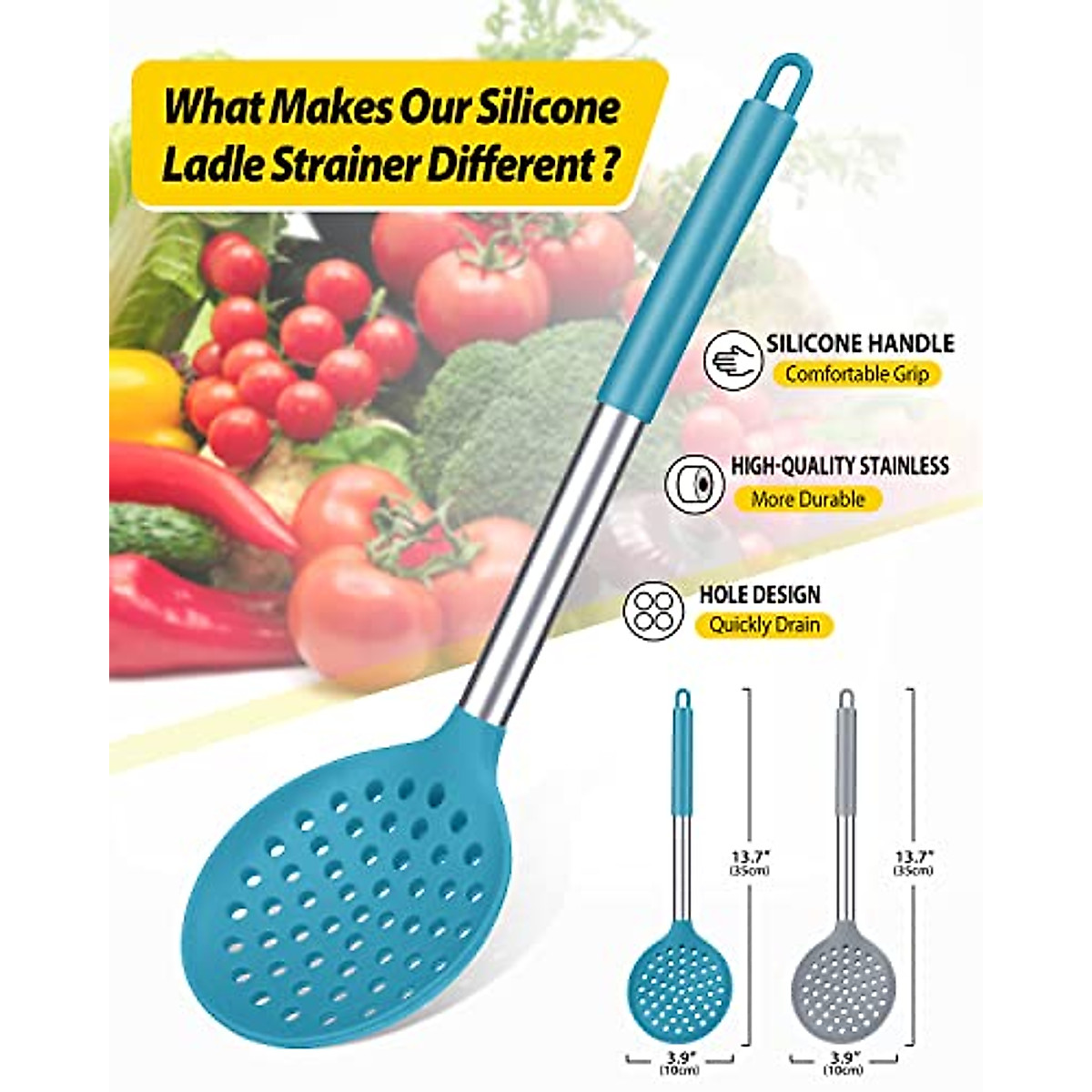 Kitchen Ladle Strainer Set of 2 Large Slotted Spoon with High Heat Resistant BPA Free Non Stick Cooking Skimmers For Draining & Frying (Grey and Teal Blue)