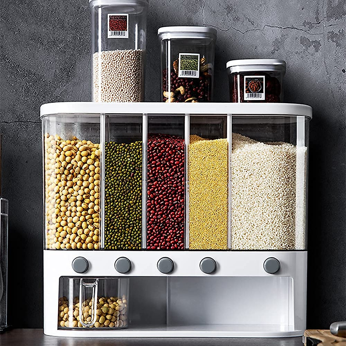 DAOGUAN Rice Dispenser 5-Grid Wall Mounted Dry Food Storage Container Grain Storage Tank 12L Food Dispenser Rice Bucket with Lid Kitchen Container for Rice Grain Nuts Beans,White,155736Y87TKPHCRM9