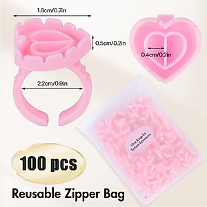 Embagol 100 PCS Glue Rings Smart Glue Cups Lash Glue Holder Heart Glue Cups Lash Glue Rings Fanning Blossom Cups for Eyelash Extensions Pink