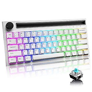 Bluetooth Mechanical Gaming Keyboard with 19 RGB Backlight Mini 61 Key Multimedia Knob Rechargeable 4400mAh Battery Type C Wired/Wireless for PC Mac Mobile Phone Gamer Typist (White/Blue Switch)