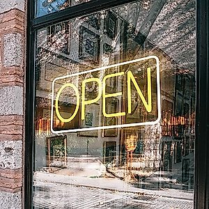 LED Open Sign for Business, FOOPPLY LED Neon Signs for Shop Windows and Doors of Shop, Bar, Restaurant, LED Letters with Open/Closed Sign and Business Hours Signs (Warm Horizontal Open)