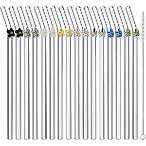 16 Pieces Reusable Glass Straw with Flower Cute Colorful Glass Straws with Design 7.87 x 0.31" Shatter Resistant Bend Straws and Cleaning Brush for Cocktail Hot or Cold Drinks
