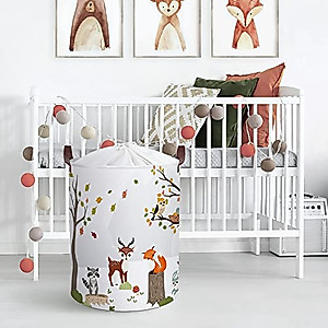 Clastyle 45L Woodland Animals Laundry Basket Collapsible Waterproof Forest Fox Storage Basket with Handle Kids Room Jungle Deer Laundry Hamper with Drawstring, 14 * 17.7 in