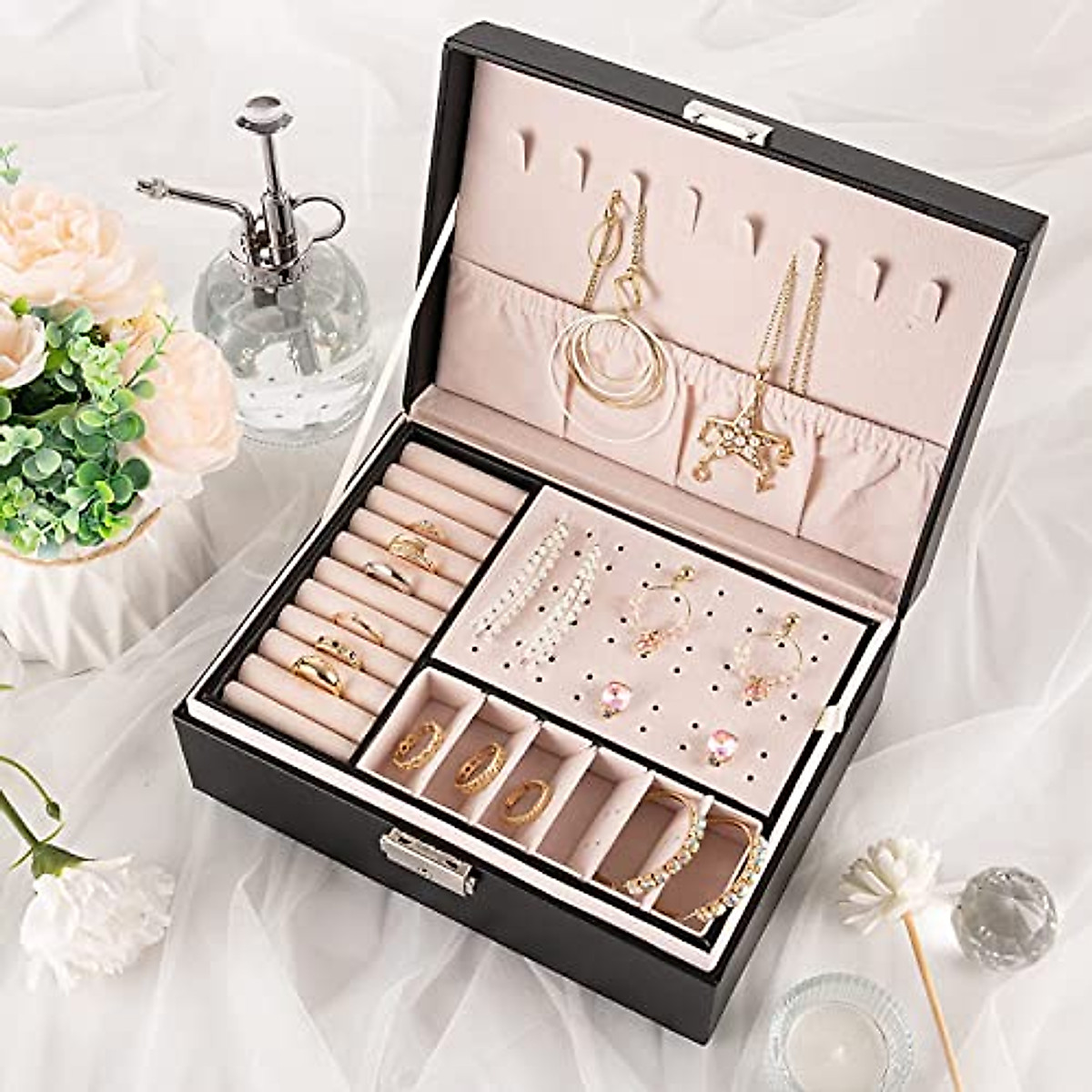 SYCARON 2023 Upgraded Jewelry Organizer Box for Women Girls, Large Travel Jewellry Organizer Case 2 Layer PU Leather Soft Lining with Lock for Rings Earrings Necklace Bracelets, Black