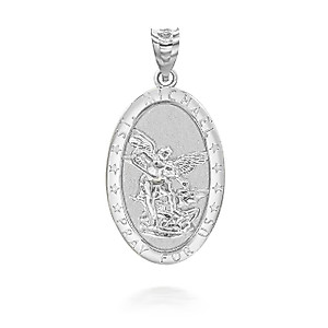 Claddagh Gold Archangel St. Michael Pray For Us Words Oval Medal in Solid 925 Sterling Silver Pendant