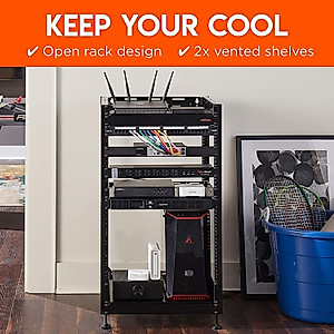 ECHOGEAR 15U Open Frame Rack & Caster Kit - Heavy Duty Rack with Vented Shelves & Easy to Install Wheels
