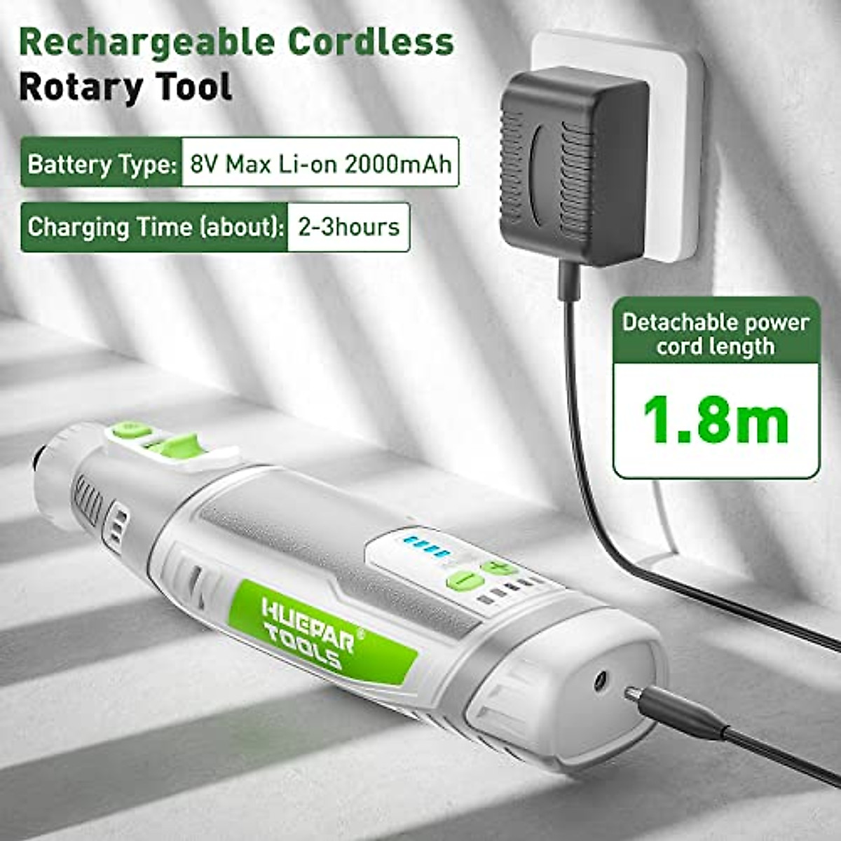 Huepar Tools Cordless Rotary Tool 8V,138pcs Accessories include MultiPro Keyless Chuck, 5 Variable Speed 5000-30000RPM Power Rotary Tool Kit for Dog Nail, Crafting Projects and DIY Creations - RT8