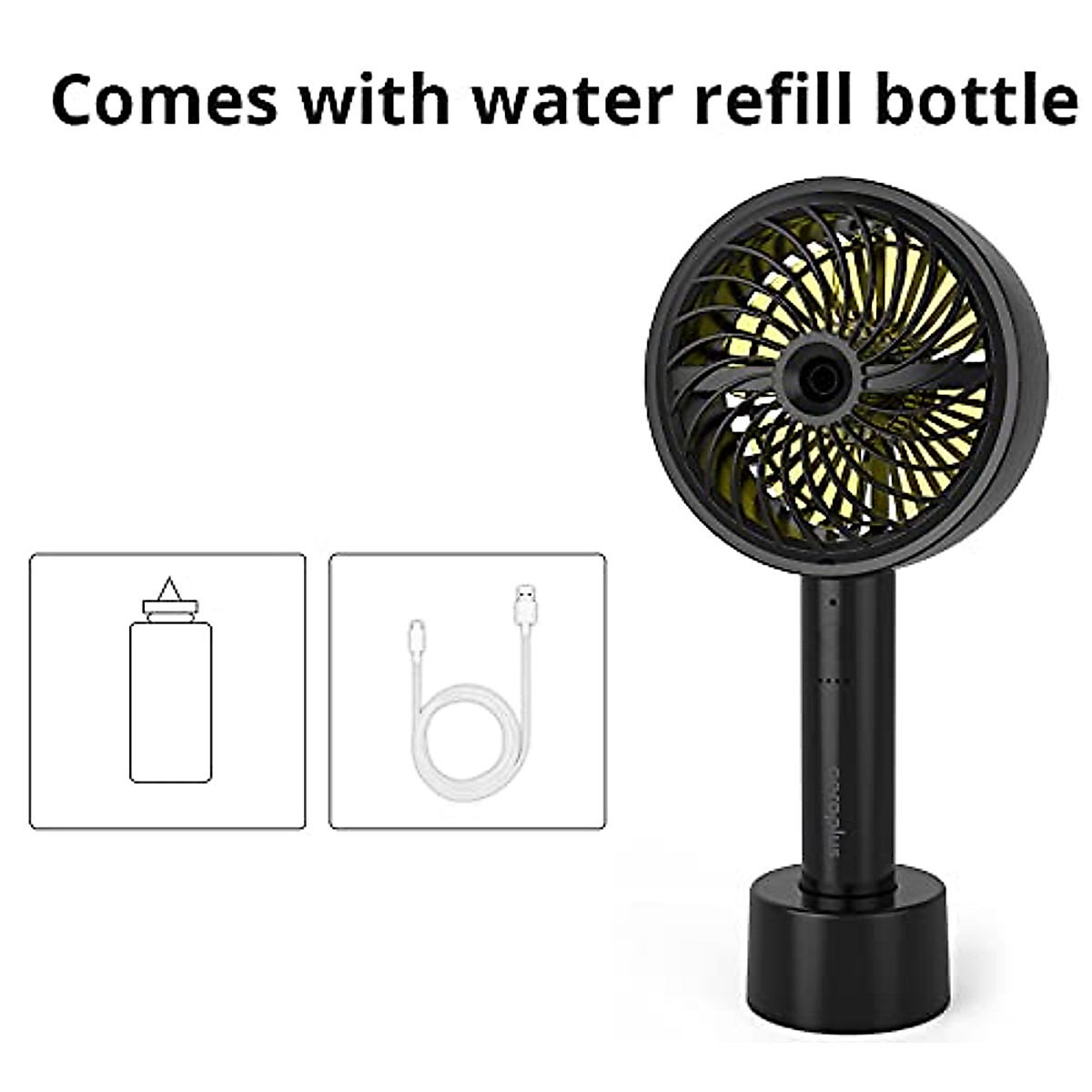 Aeroplus Mini Fan 5" Handheld Personal 3 Speed Rechargeable Battery Operated with Misting Option weatherproof includes dock & cable (Black) desk fan for home kitchen office travel camping