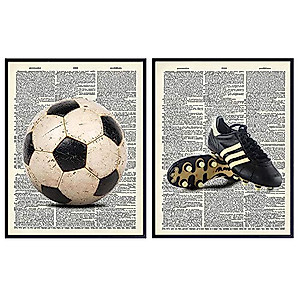 Vintage Soccer Ball and Shoes Upcycled Dictionary Wall Art Print Set of 2-8x10 Photos - Home Decor for Gym, Workout or Game Room, Boys, Girls Kids Bedroom - Unique Gift for Futbol Fan, Coach
