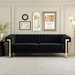 Burnt Orange Velvet Couch Sofa, 84 Wide Mid-Century Modern Love Seat Tufted Chesterfield Velvet Sofa Loveseat Futon with Curved Arm Gold Leg, 3 Seat Large Comfy Couches Sofas for Livingroom (Black 2)