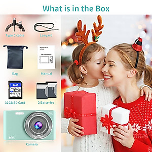 Saneen Digital Camera, FHD 2.7K Cameras for Photography, 44MP Kids Camera Small Mini Compact Digital Camera for Teens, Adults & Beginners with 32GB SD Card, 16X Zoom, Two Rechargeable Batteries-Green