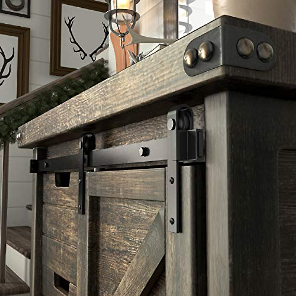 Hahaemall Heavy Duty Metal Steel Black Super Mini Sliding Barn Door Hardware Track Roller Kit Hanging TV Stand Cabinet System（6.6FT Single kit）（NO Cabinet）