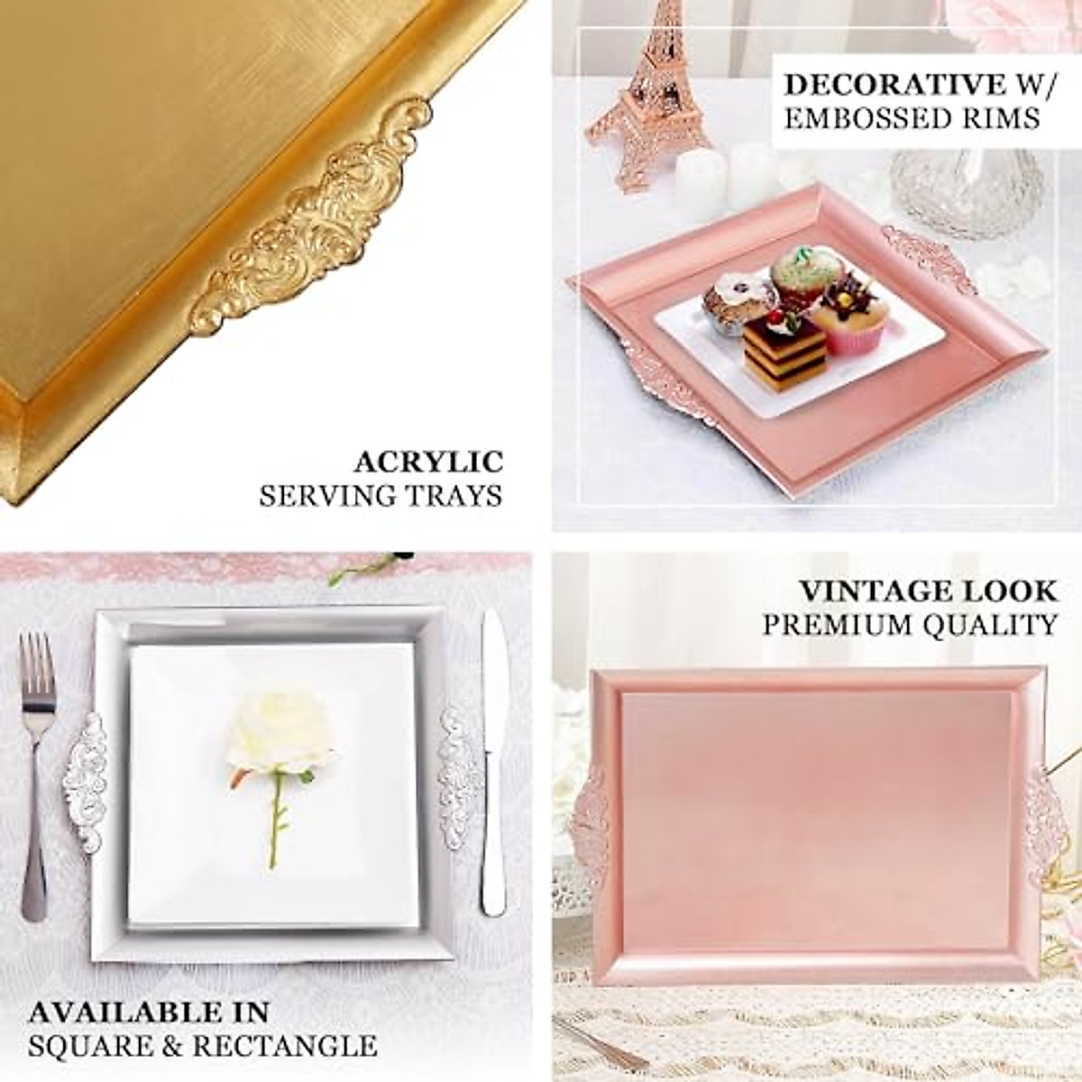 Efavormart 2 PCS - Gold 14" x 10" Rectangle Decorative Plastic Serving Trays with Embossed Rims for Wedding Birthday Party