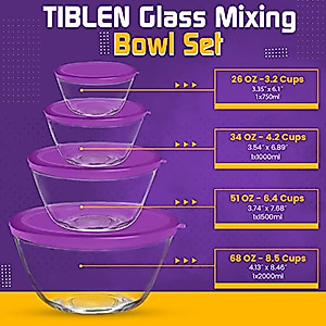 TIBLEN [4-Pack] Glass Mixing Bowl Set, Stackable Nesting Bowls, Food Storage and Meal Prep Containers with Lids, Kitchen, Home, Safe for Microwave, Freezer, BPA Free