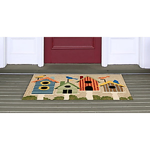 Liora Manne FTP34144144 Frontporch Garden Blue Bird's Home Birdhouses Indoor/Outdoor Rug 2'6" X 4' Ivory and Cream
