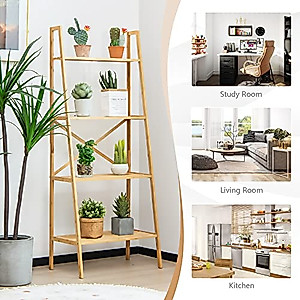 Giantex 4-Tier Bamboo Bookshelf, Multifunctional Storage Display Rack Shelves with Anti-Tipping Device, Natural Wood Ladder Shelf for Home Office Kitchen Bathroom