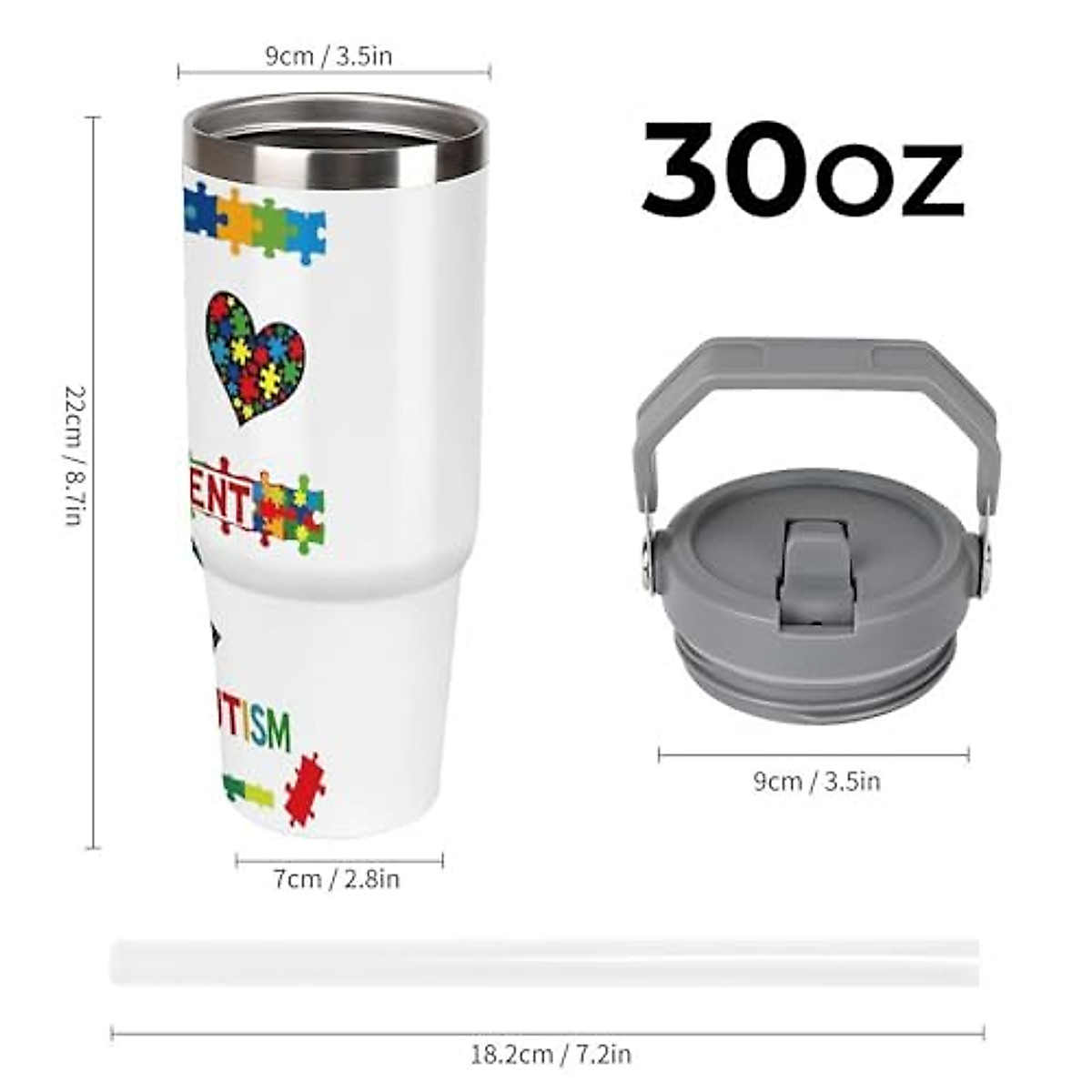 Be Patient I Have Autism Awareness Heart Ribbon (2) 30 OZ Insulated Tumblers with Handle And Straw Leakproof Vacuum Insulated Stainless Steel Water Bottle for Car Fishing Travel