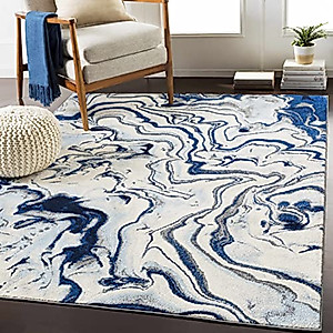 Glendon Abstract Coastal Living Room Bedroom Dining Room Area Rug - Marble Swirl Pattern Carpet - Modern Contemporary Bohemian - Ombre Blue, Royal Blue, Navy Blue, Grey, White - 5'3" x 7'3"