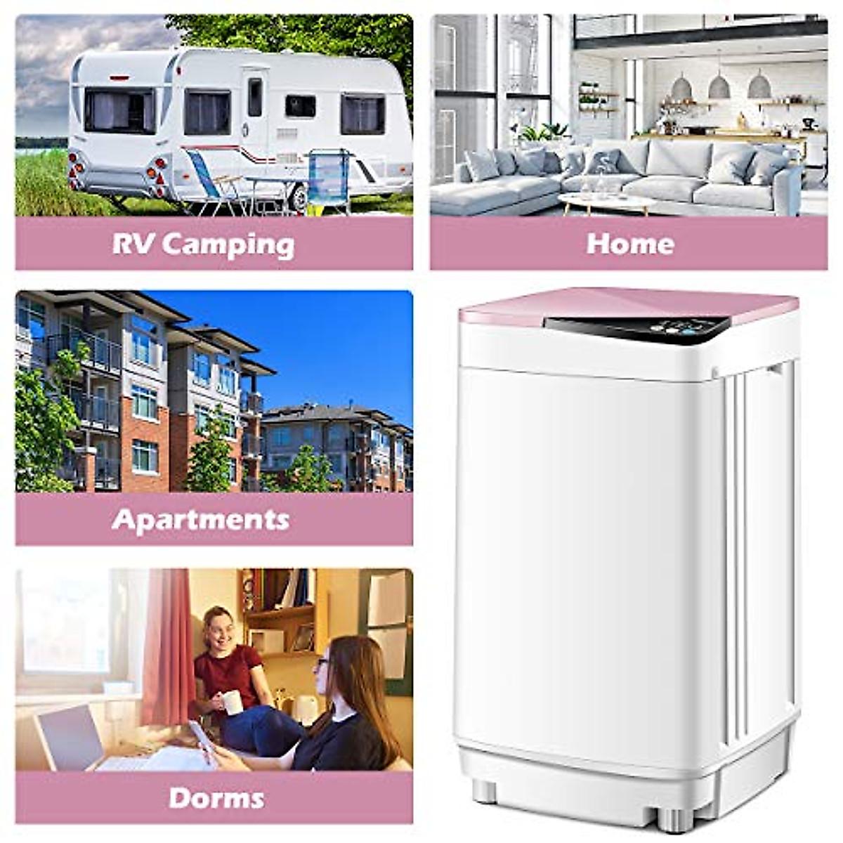 Giantex Full-Automatic Washing Machine Portable Washer and Spin Dryer 7.7 lbs Capacity Compact Laundry Washer with Built-in Barrel Light Drain Pump and Long Hose for Apartments Camping (White & Pink)