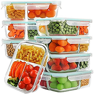 Bayco 8 Pack Glass Meal Prep Containers 3 Compartment, Glass Food Storage Containers with Lids, Airtight Glass Lunch Bento Boxes, BPA-Free & Leak Proof (8 lids & 8 Containers)
