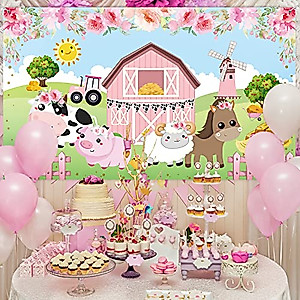 Farm Animals Theme Party Decorations, Pink Flowers Floral Barn Backdrop Banner for Grass Children Birthday Party Supplies, Farm Animals Scenic Background Photo Booth Banner, 72.8 x 43.3 Inch