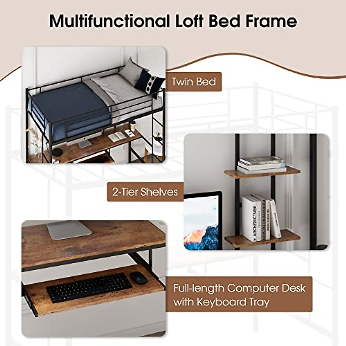 Giantex Twin Loft Bed with Desk and Bookcase, Metal Bunk Bed Frame w/Guardrail & Bilateral Ladder for Kids Teens Adults, Space-Saving Loft Bed with Keyboard Tray, No Box Spring Needed, Black