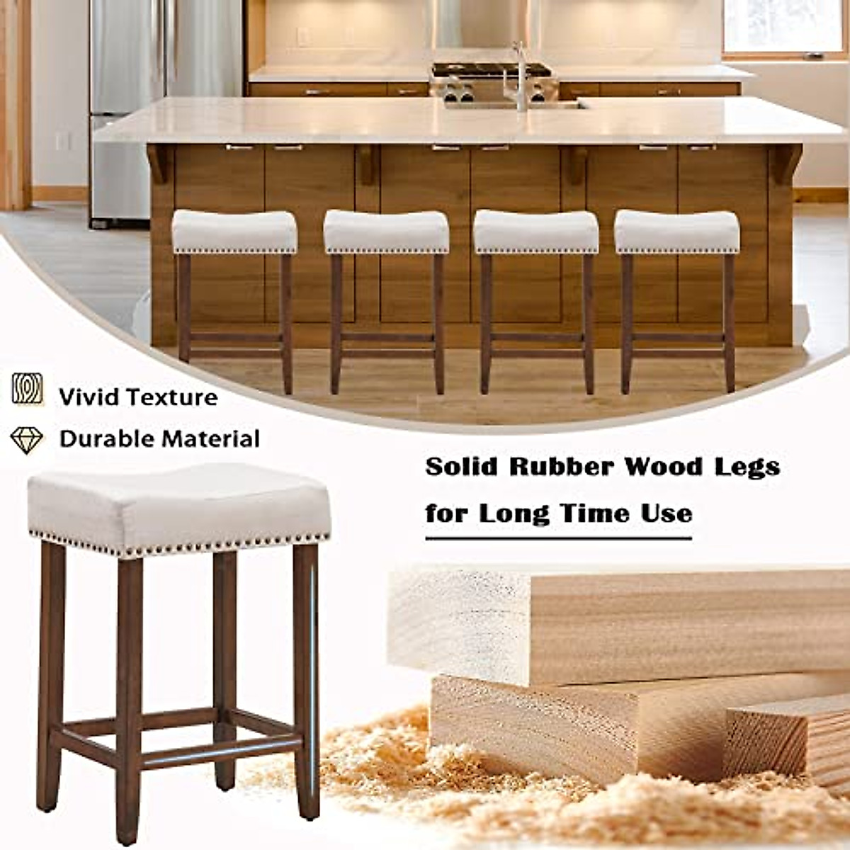 ERGOMASTER Counter Height Bar Stools Set of 2 Backless Fabric Barstools 24-Inch Modern Wood Saddle Bar Stools with Nailhead Trim for Kitchen Island Counter Tabel - Beige/Brown,2-Pack