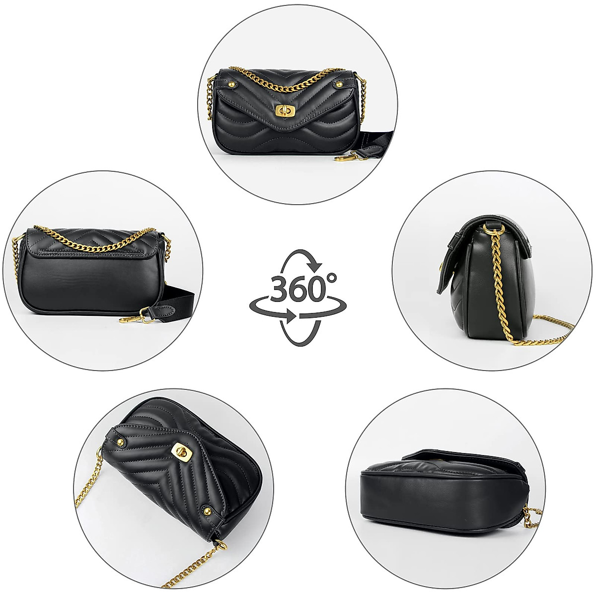 Small Quilted Crossbody Bags for Women Trendy Designer PU Leather Shoulder Bag with Coin Purse Sets Metal Chain Clutch (Black)