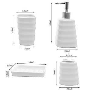 MyGift Ceramic White Bathroom Accessory Set with Ribbed Design, Includes Toothbrush Holder, Tumbler, Soap Dish and Dispenser