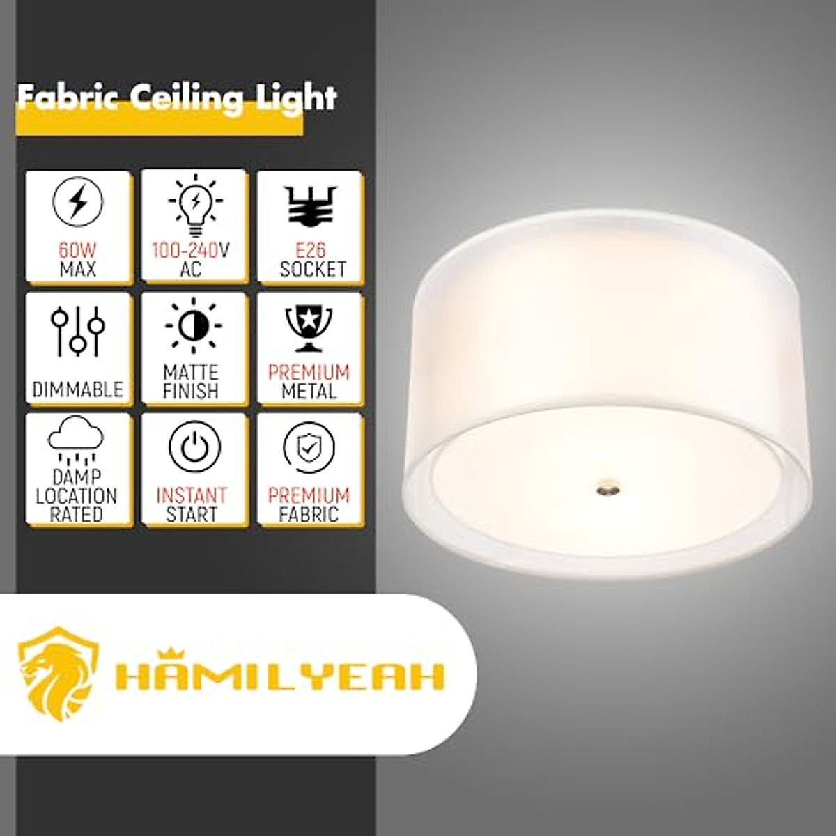 Hamilyeah Modern Drum Ceiling Light Fixture, 12inch Fabric Shade, Flush Mount 2 Bulb, Dimmable, Close to Ceiling, Bathroom Kitchen Bedroom Lighting