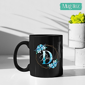 Personalized Initial Name Coffee Cup with Name, Custom Blue Floral Alphabet Ceramic Cups, Monogrammed Letter Mug Gift for Birthday, Customized Wreath Tea Cups Present, Black Coffee Mug 11oz or 15oz