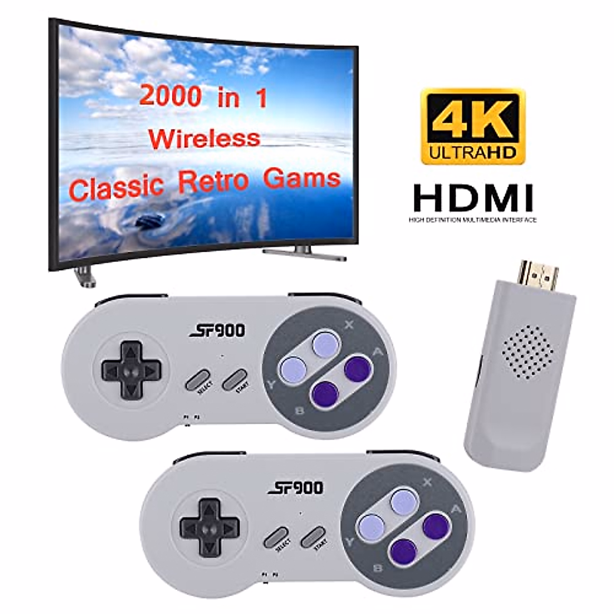 SF900 Wireless Retro Game Console - Plug and Play Video Game Stick Built-in 2000 Games Nostalgia Stick Games, 9 Emulators, Dual 2.4G Wireless Controllers(64G)…