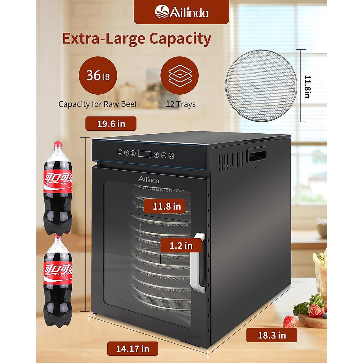 Food dehydrator, 12-layer stainless steel rotating dehydrator, suitable for food, jerky, dog food, herbs, vegetables, fruits, temperature function, 24-hour timer, overheating protection